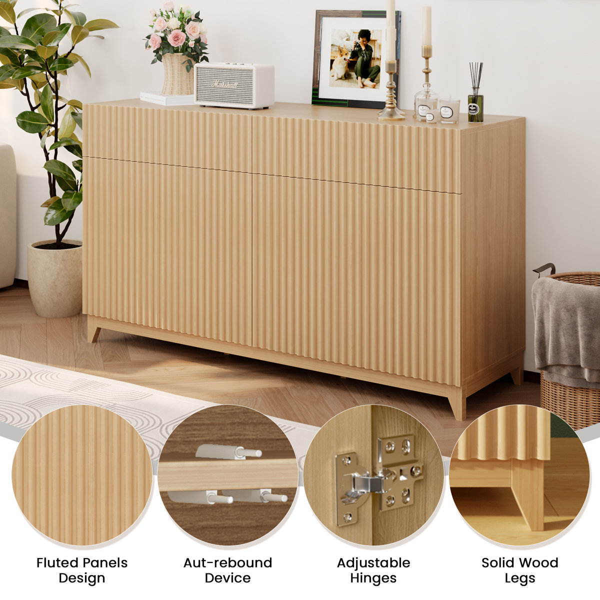 Ebern Designs 63" Fluted Storage Cabinet Sideboard Buffet With Adjustable Shelves, Wood Credenza ...